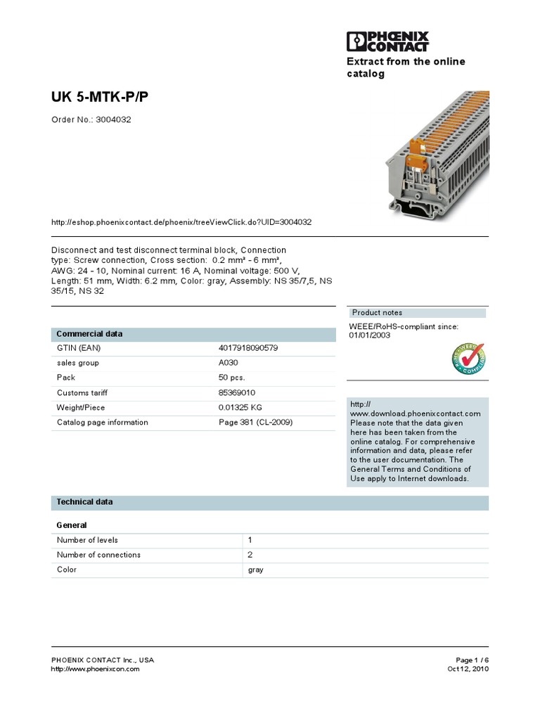 Phoenix - Uk5-Mtk-P-P | PDF | Electrical Engineering | Manufactured Goods