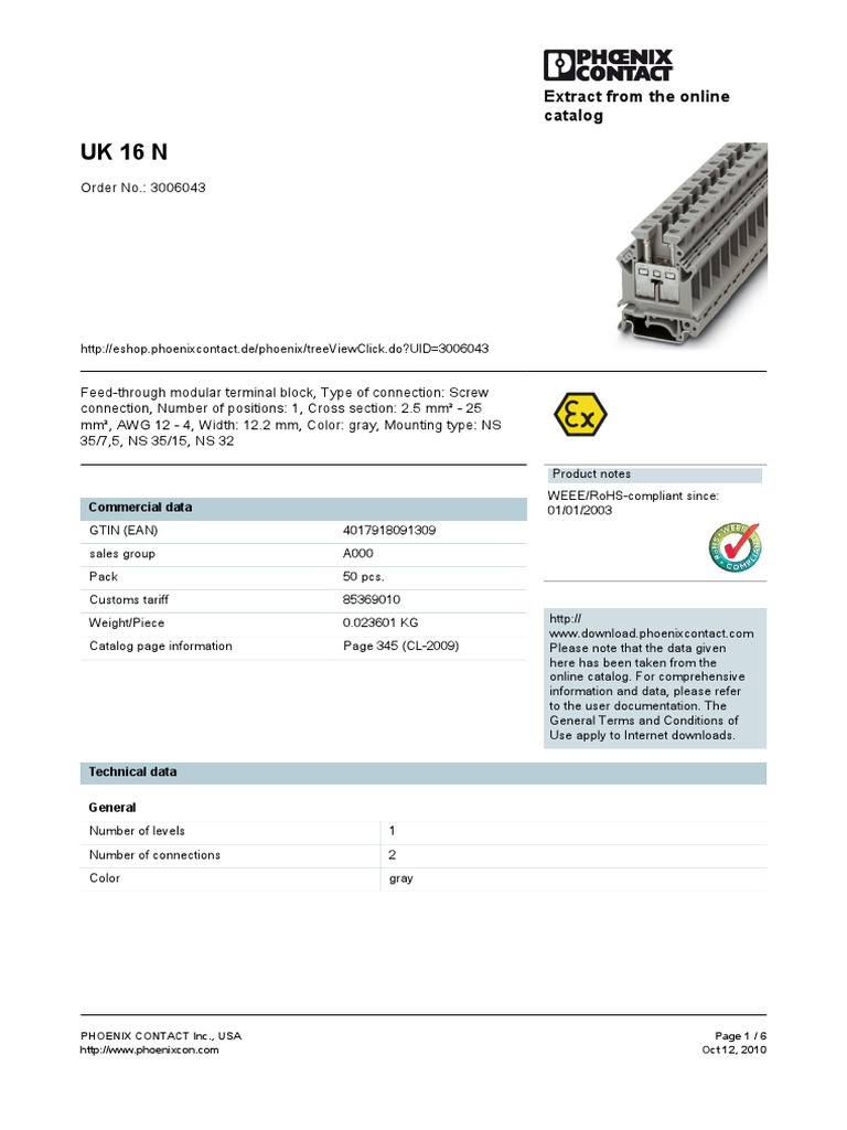 Phoenix - Uk16n | PDF | Electrical Connector | Insulator (Electricity)