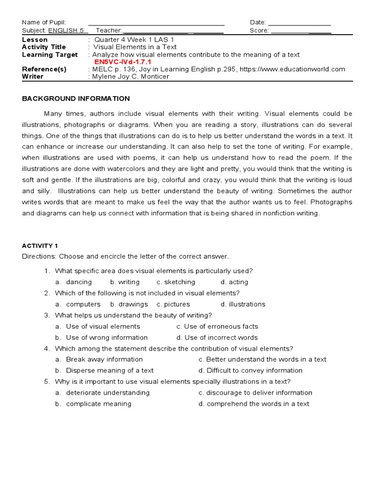En5Vc-Ivd-1.7.1: Lesson Activity Title Learning Target Reference (S ...