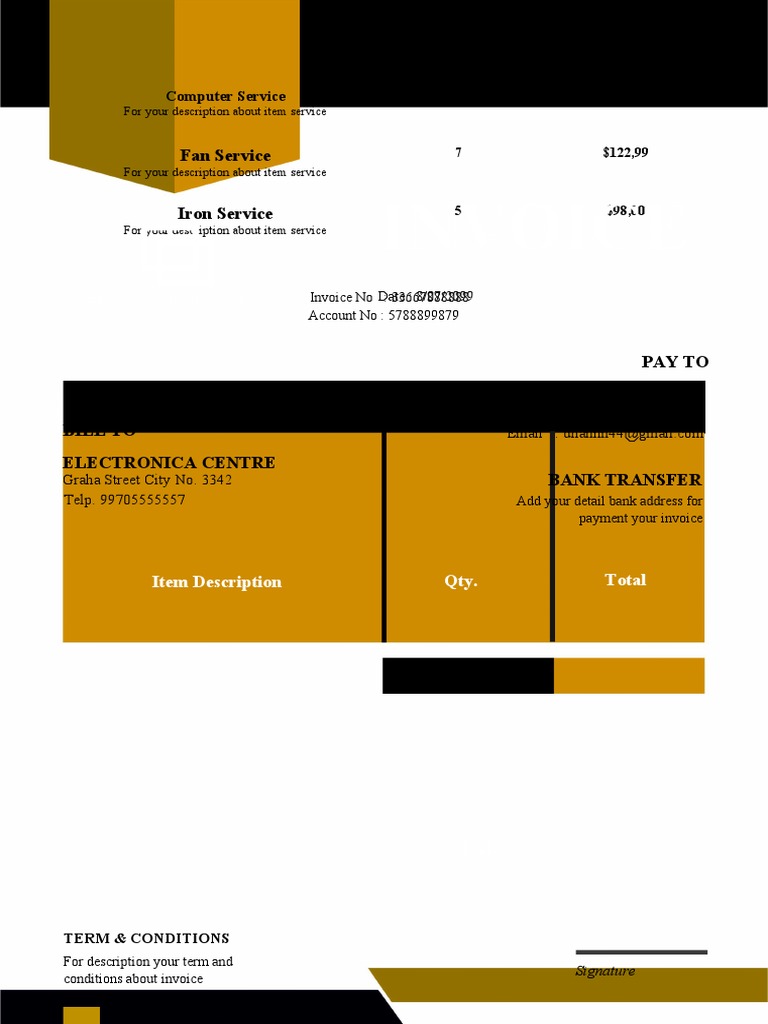 Invoice for Computer, Fan, and Iron Repair Services Provided to ...