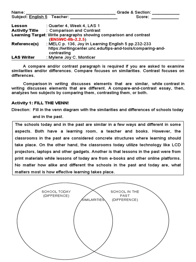 En5Wc-Iib-2.2.5: Lesson Activity Title Learning Target: Write Paragraphs Showing Comparison and ...