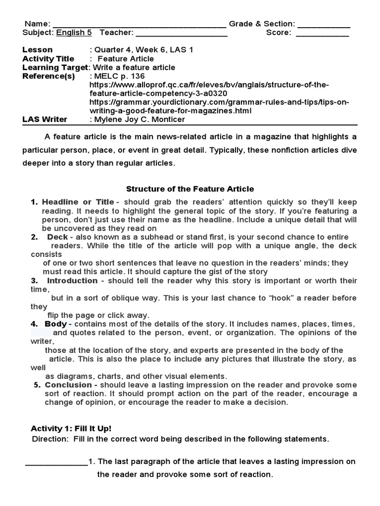 Student Work Sample: Feature Article Structure Lesson | PDF | Communication