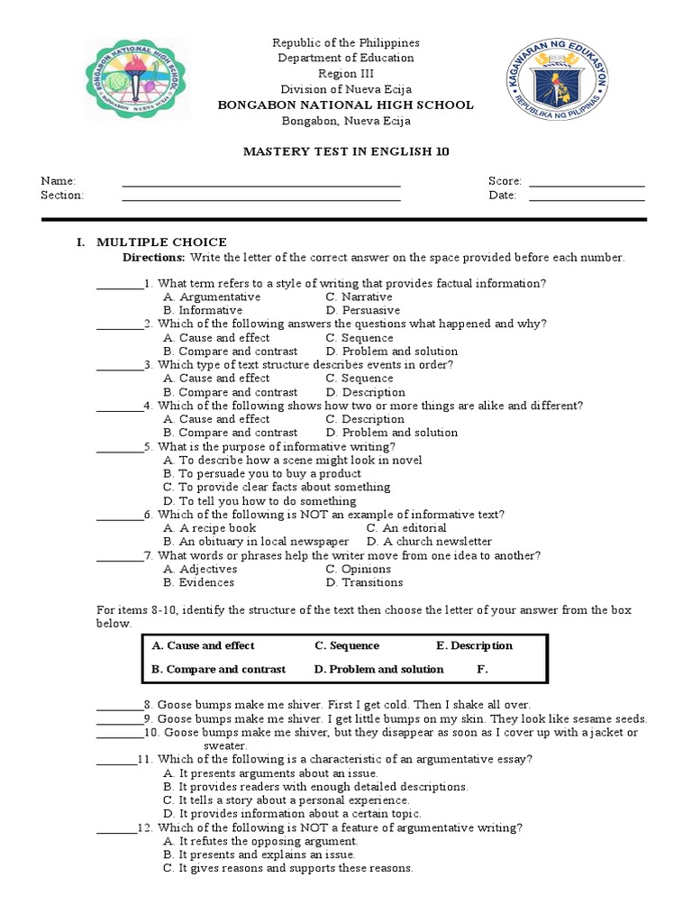 3.1 Mastery Test in English Sy 2020 2021 | PDF | Argument | Essays