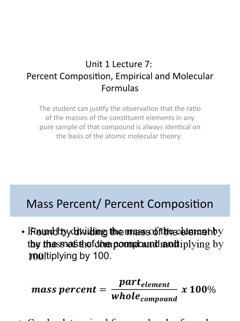 Unit 1 Lecture 7: Percent Composition, Empirical and Molecular Formulas ...