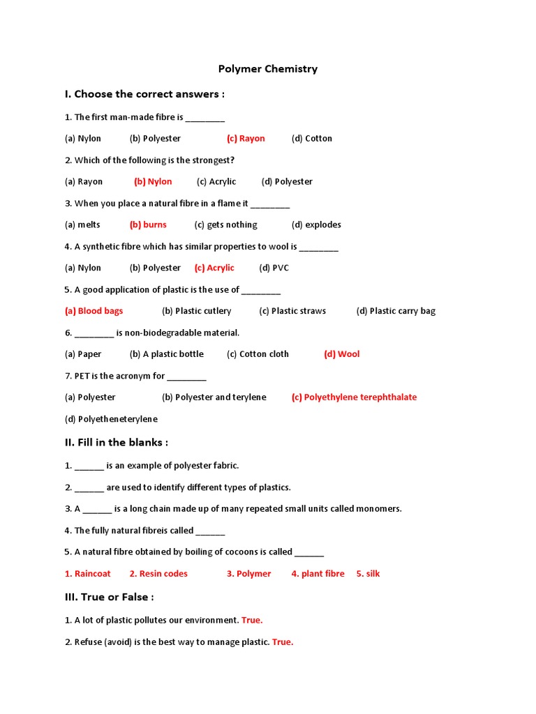 Polymer Chemistry I. Choose The Correct Answers:: (C) Rayon | PDF ...