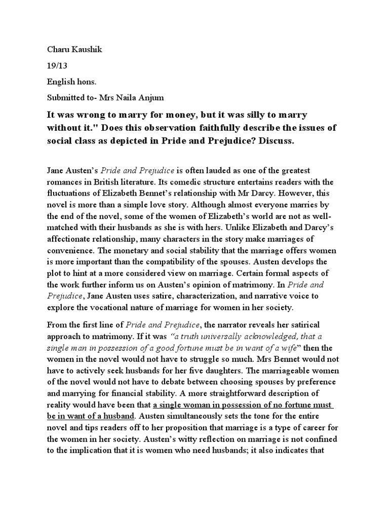 Social Class Dynamics in Pride and Prejudice | PDF | Pride And ...