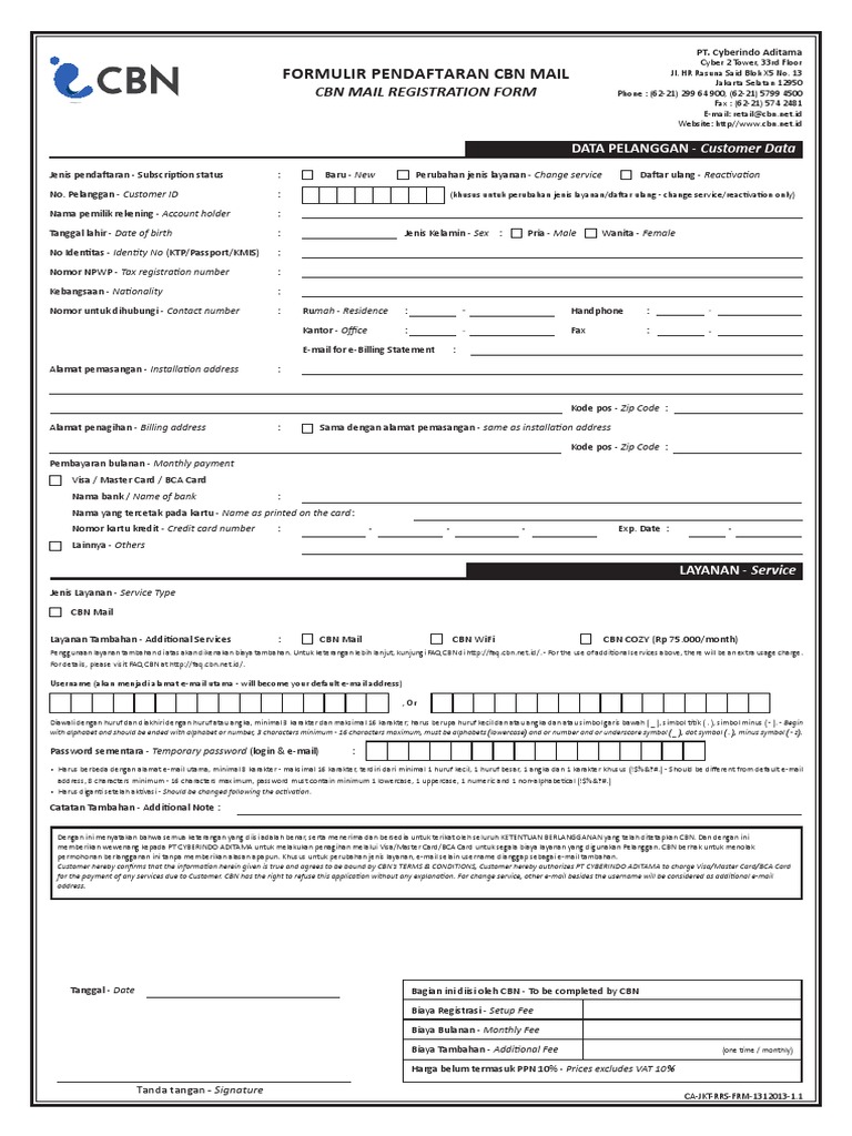 Rrs Formulir Pendaftaran CBN Mail Rev - 1.1 | PDF | Payments