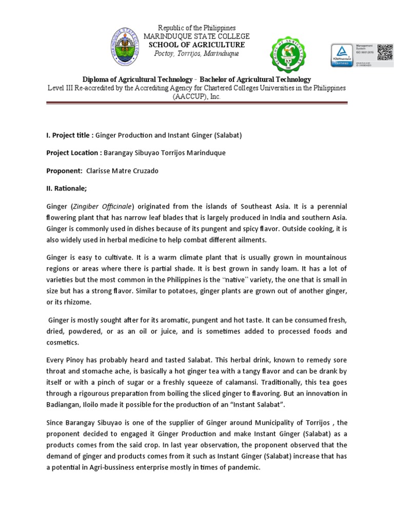 I. Project Title: Ginger Production and Instant Ginger (Salabat ...