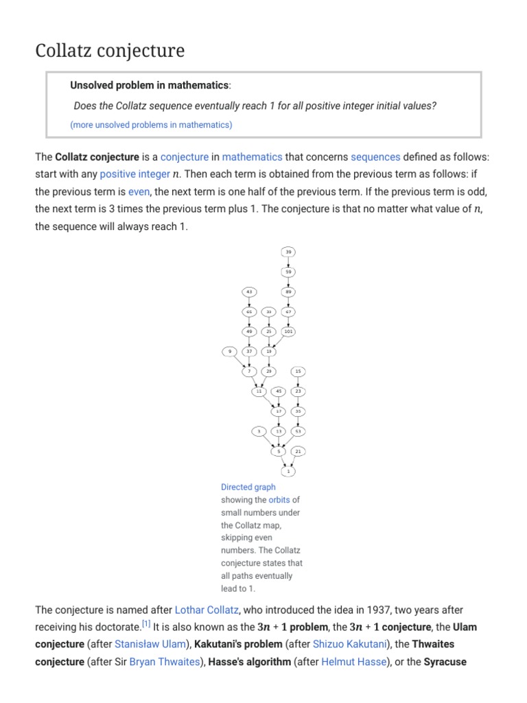 Collatz Conjecture - Wikipedia | PDF | Mathematical Concepts | Mathematics