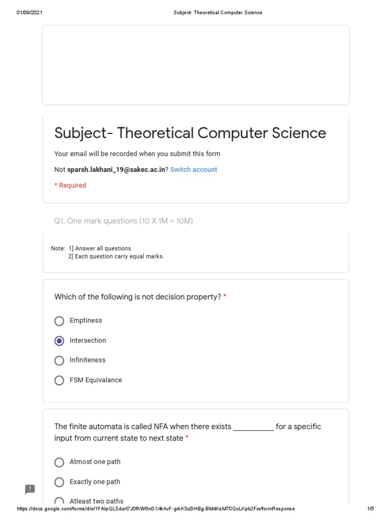Subject-Theoretical Computer Science: Q1. One Mark Questions (10 X 1M ...