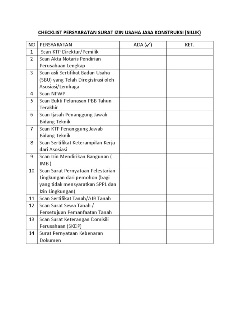 Checklist Persyaratan Surat Izin Usaha Jasa Konstruksi | PDF