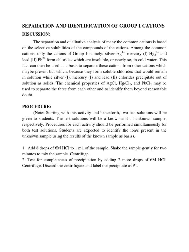 Group 1 Cation Separation and Identification | PDF | Precipitation ...