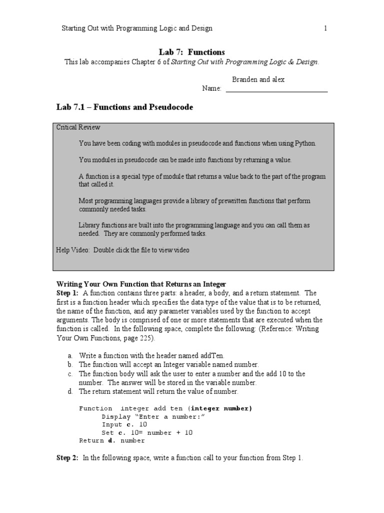 Lab 7 Functions Pdf Subroutine Parameter Computer Programming