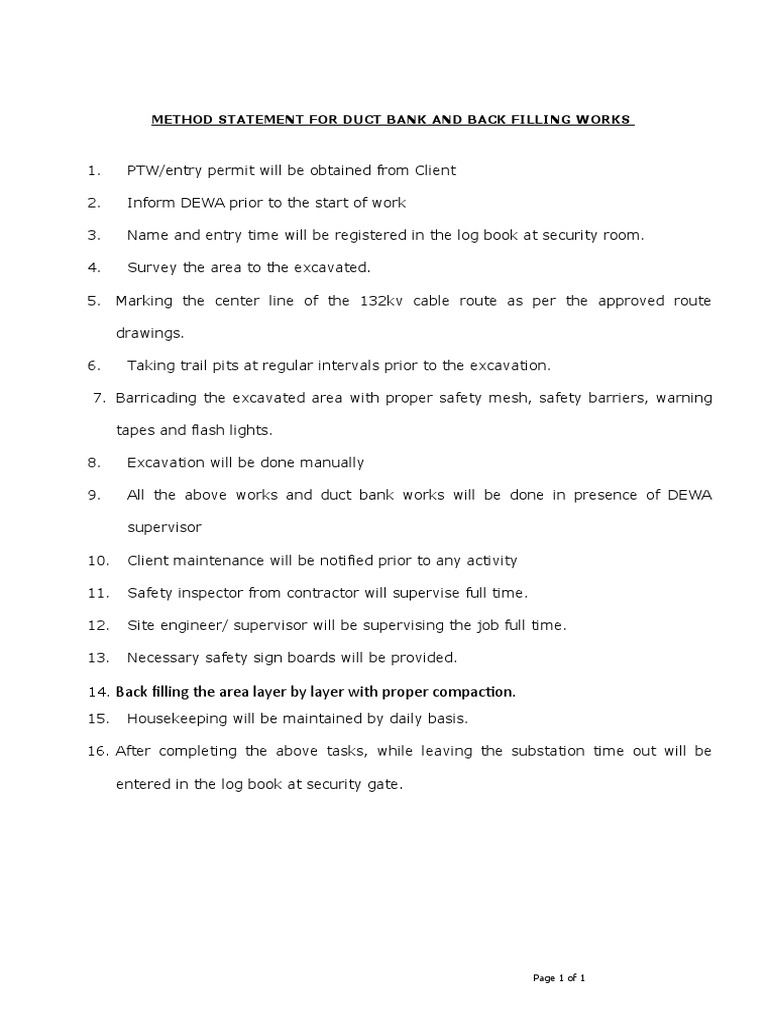 Method Statement Foc Duct Bank & Back Filling | PDF