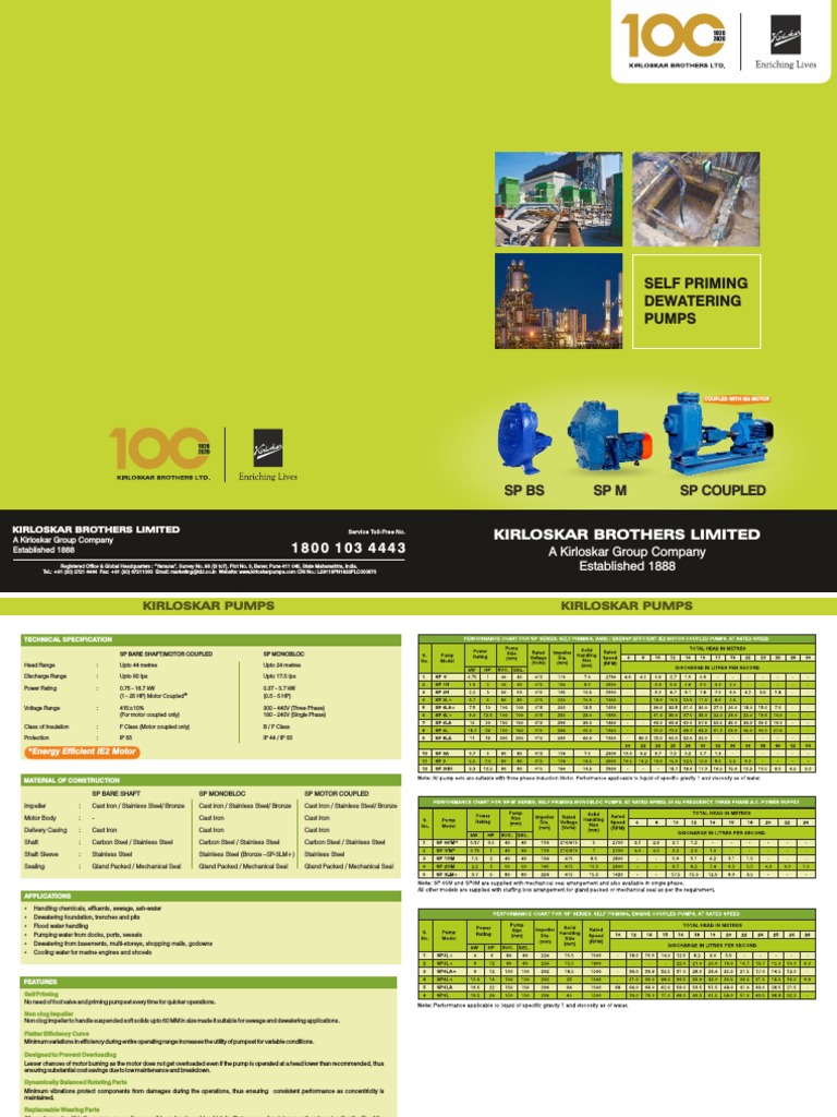 Self Priming Dewatering Pumps: SP Bs SP Coupled SPM | PDF | Pump | Steel