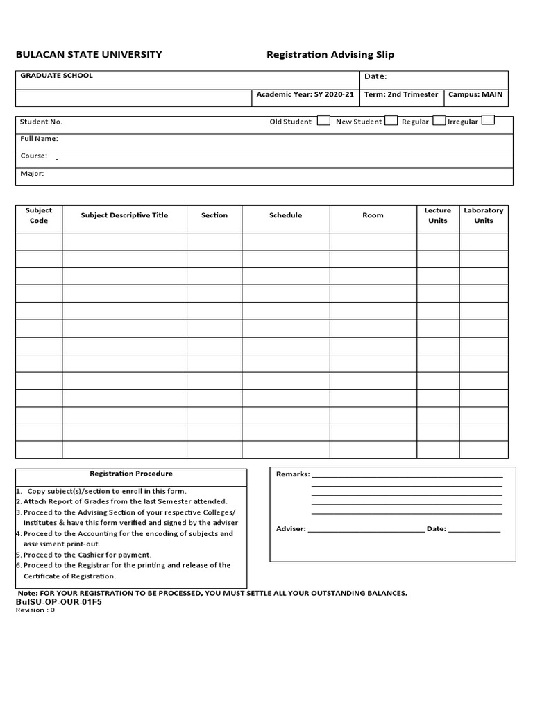 Bulacan State University Registration Advising Slip: Revision: 0 | PDF