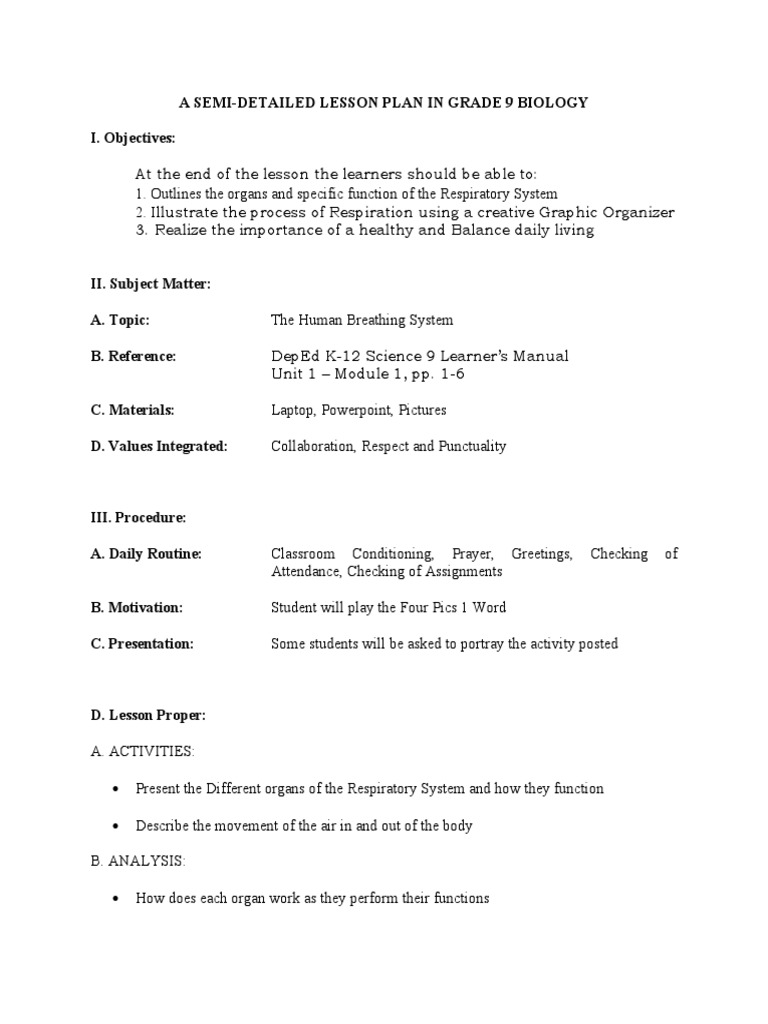 A Semi-Detailed Lesson Plan in Grade 9 Biology I. Objectives | PDF ...