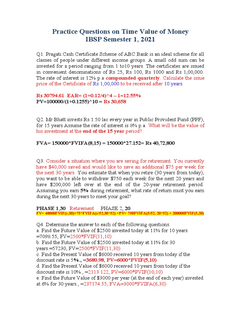 Practice Questions On Time Value of Money | PDF | Present Value ...