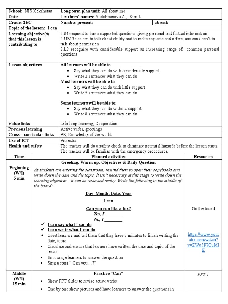 English Grade2 Unit1 All About Me I Can LESSON PLAN | PDF | Learning ...