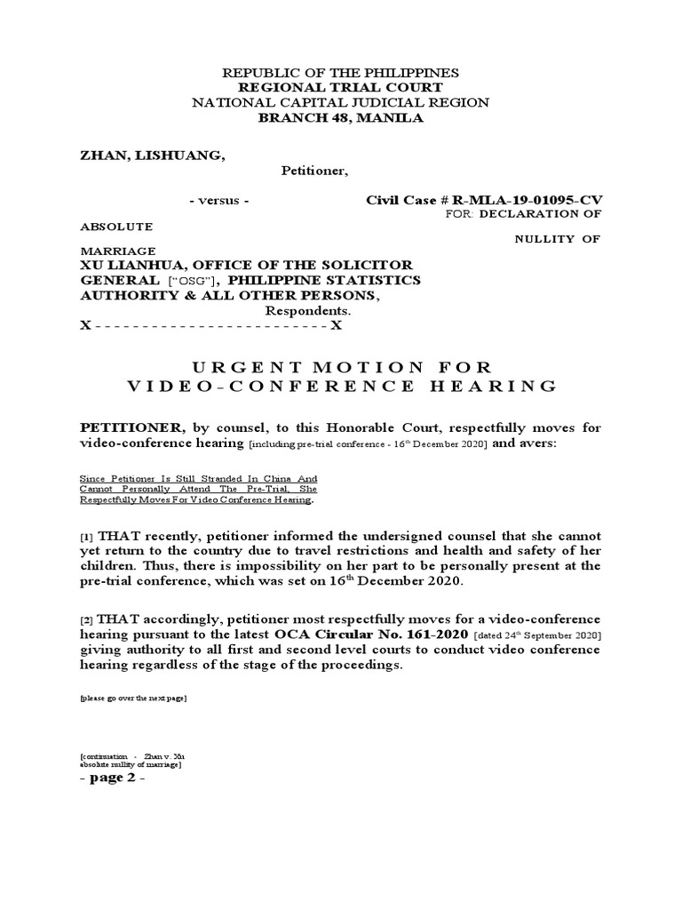 Urgent Motion for Video Conference Hearing | PDF | Lawsuit | Public Sphere