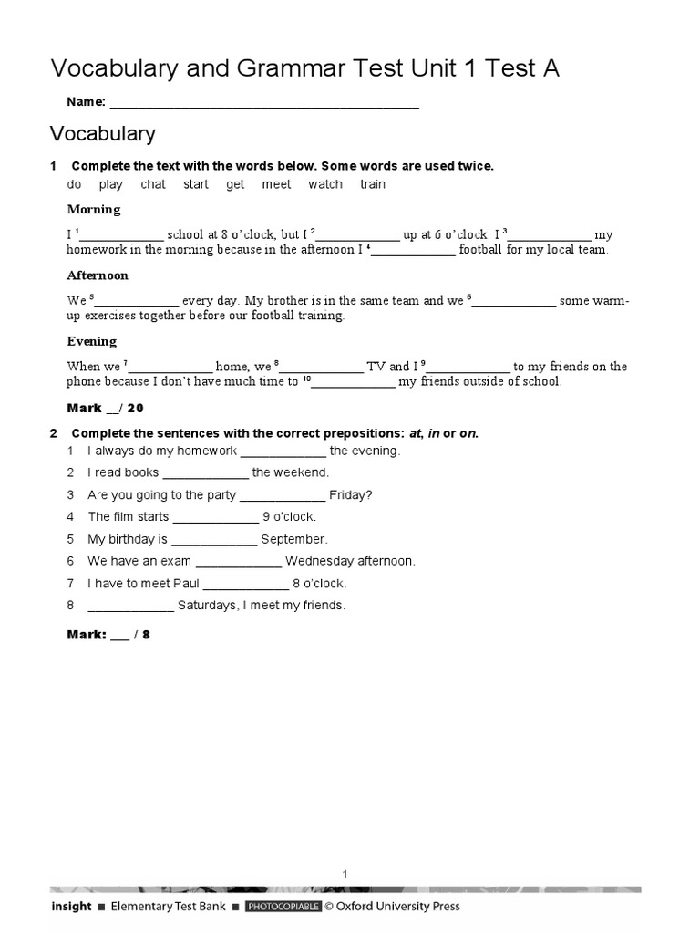 Vocabulary and Grammar Test Unit 1 | PDF | Workweek And Weekend ...