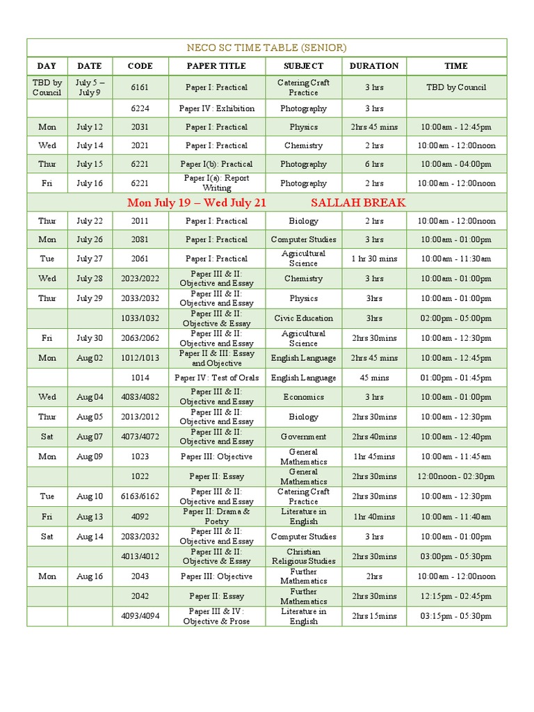 NECO SC Time Table A4 | PDF | Science And Technology | Science