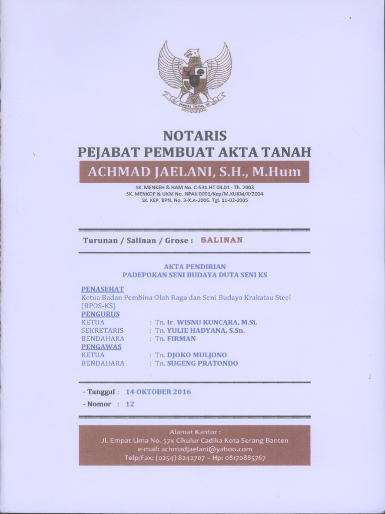Salinan Akta Notaris Duta Padepokan | PDF