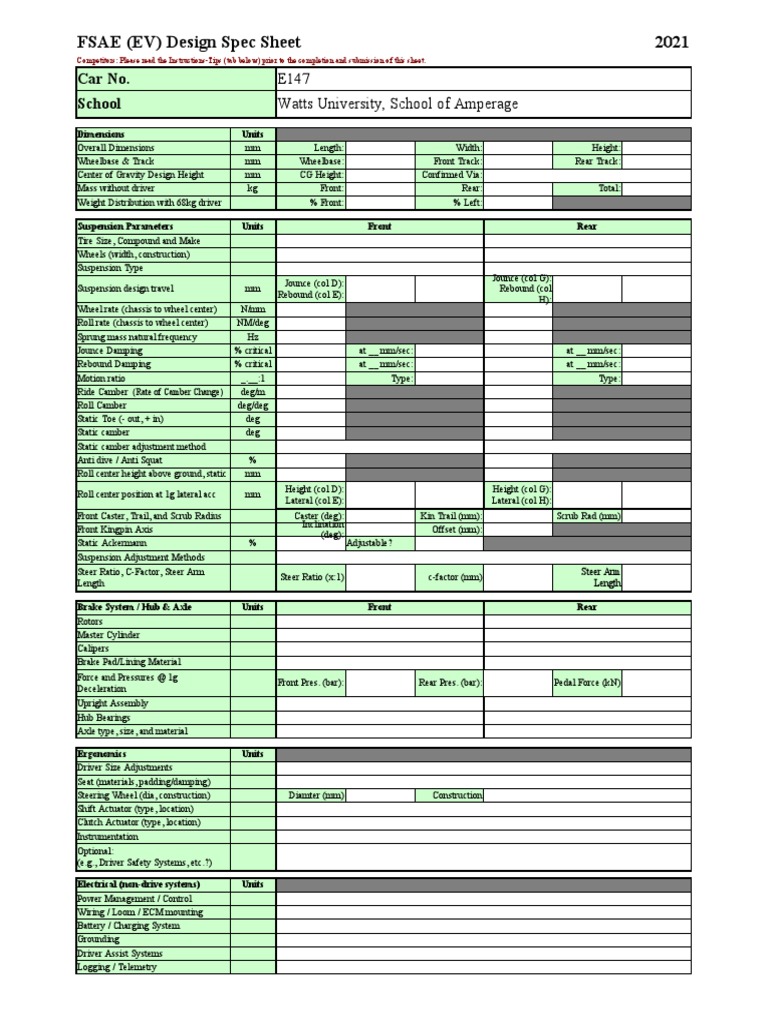 2021 FSAE Design Spec Sheet - EV | PDF | Axle | Vehicles