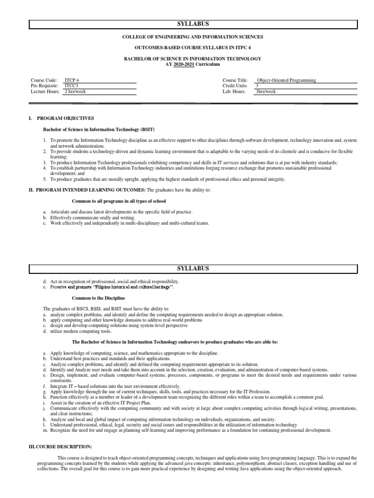 Syllabus Object Oriented Programming Java Pdf Method Computer Programming Computing