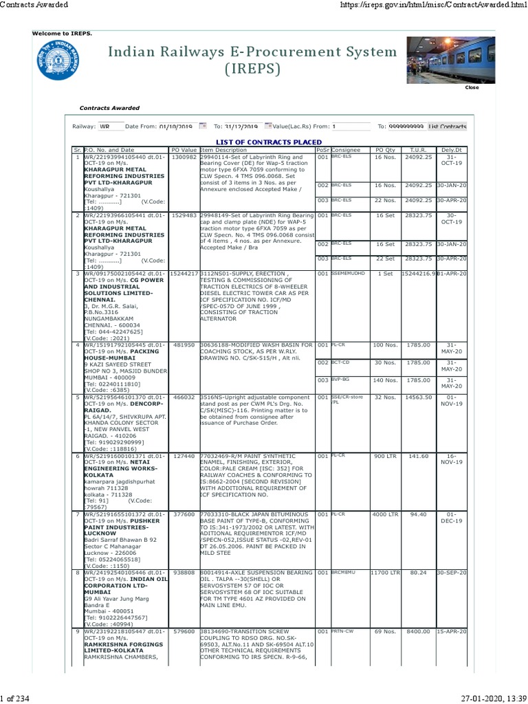 Indian Railways E-Procurement System (Ireps) : List of Contracts Placed | PDF | Materials ...