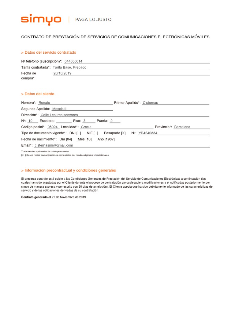 Contrato Simyo | PDF | Tarjeta de débito | Itinerancia