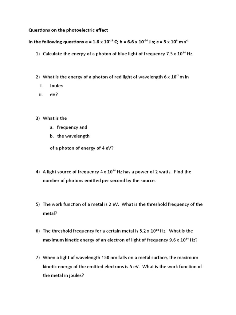Photoelectric Effect Practice Questions | PDF | Science & Mathematics