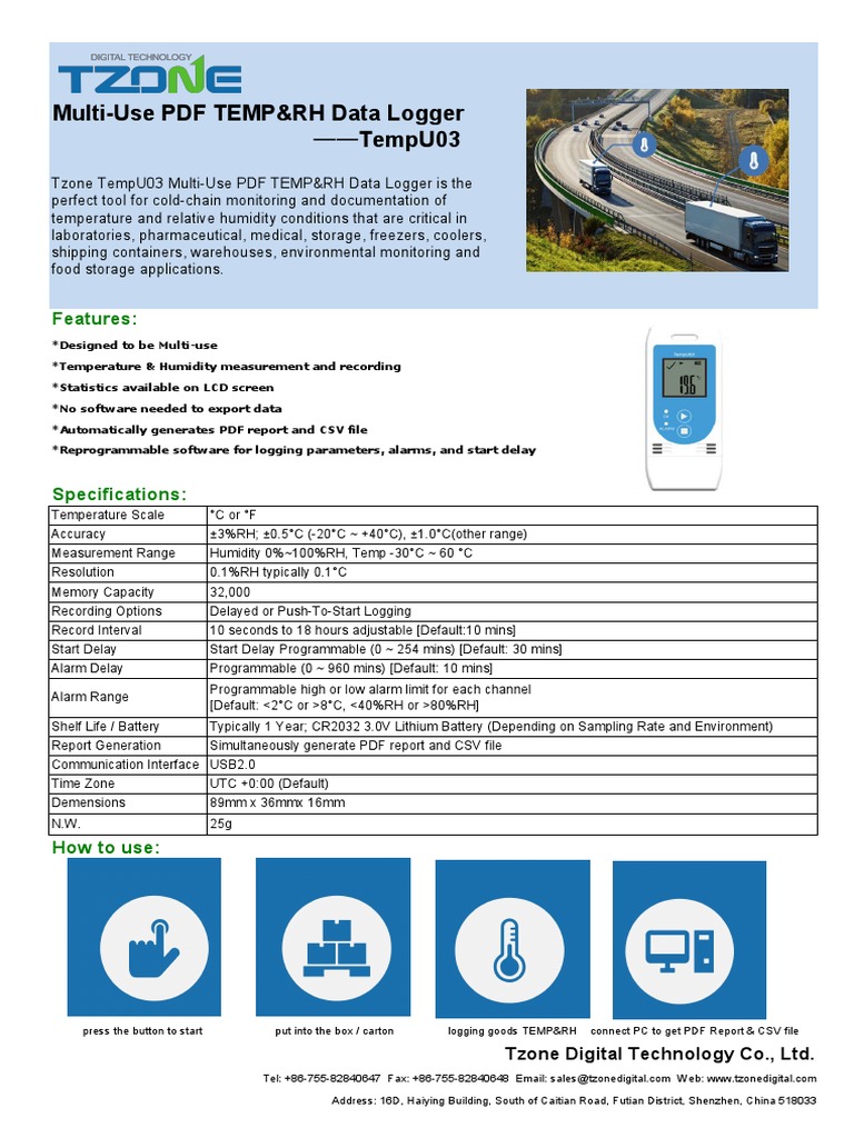 Multi-Use PDF Temp&Rh Data Logger - Tempu03: Features | PDF