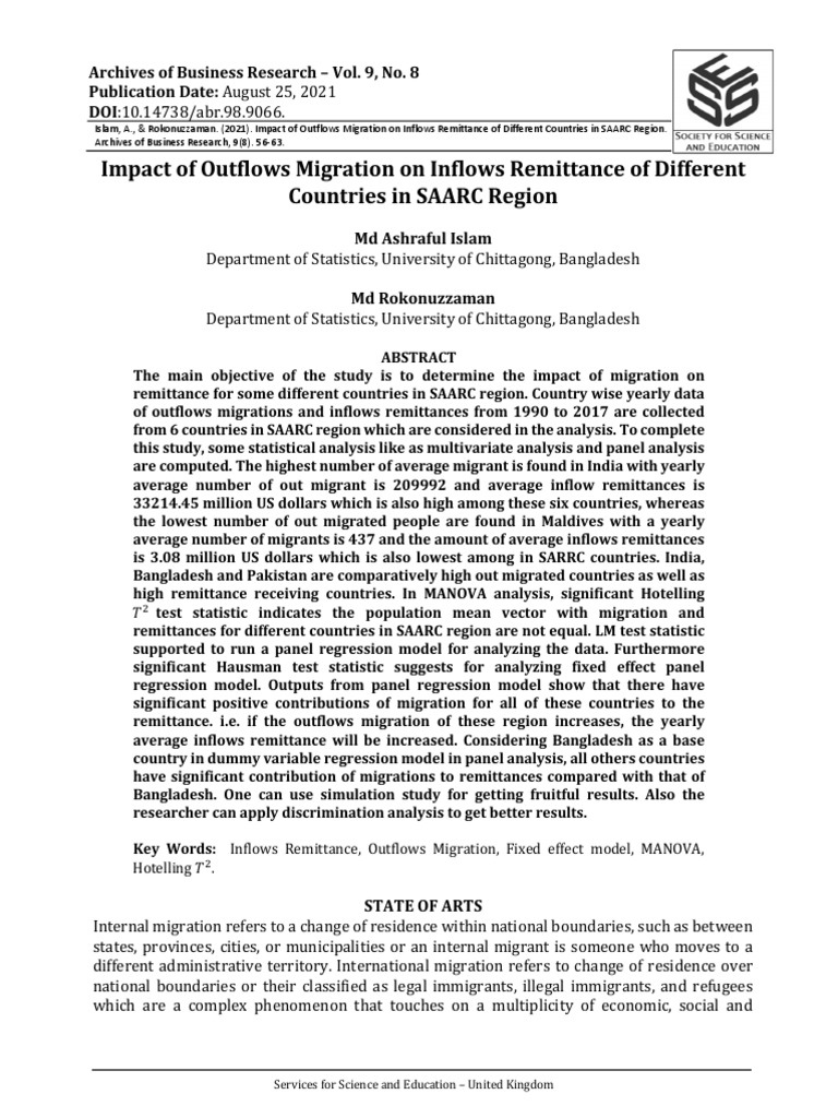 Impact of Outflows Migration On Inflows Remittance of Different ...