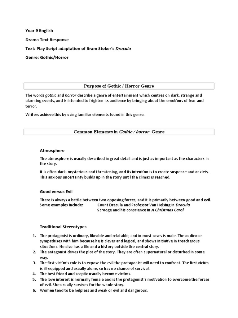 Year 9 English Drama Text Response Text: Play Script Adaptation of Bram ...