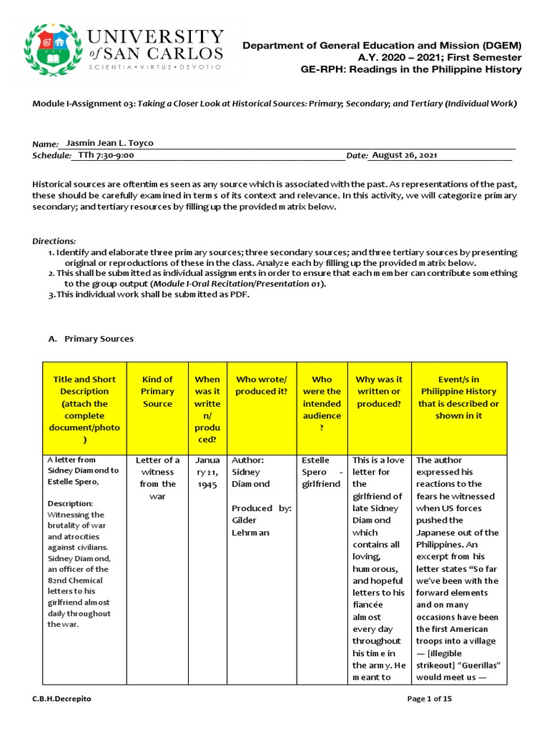 Module I-Assignment 03 - Taking A Closer Look at Historical Sources ...