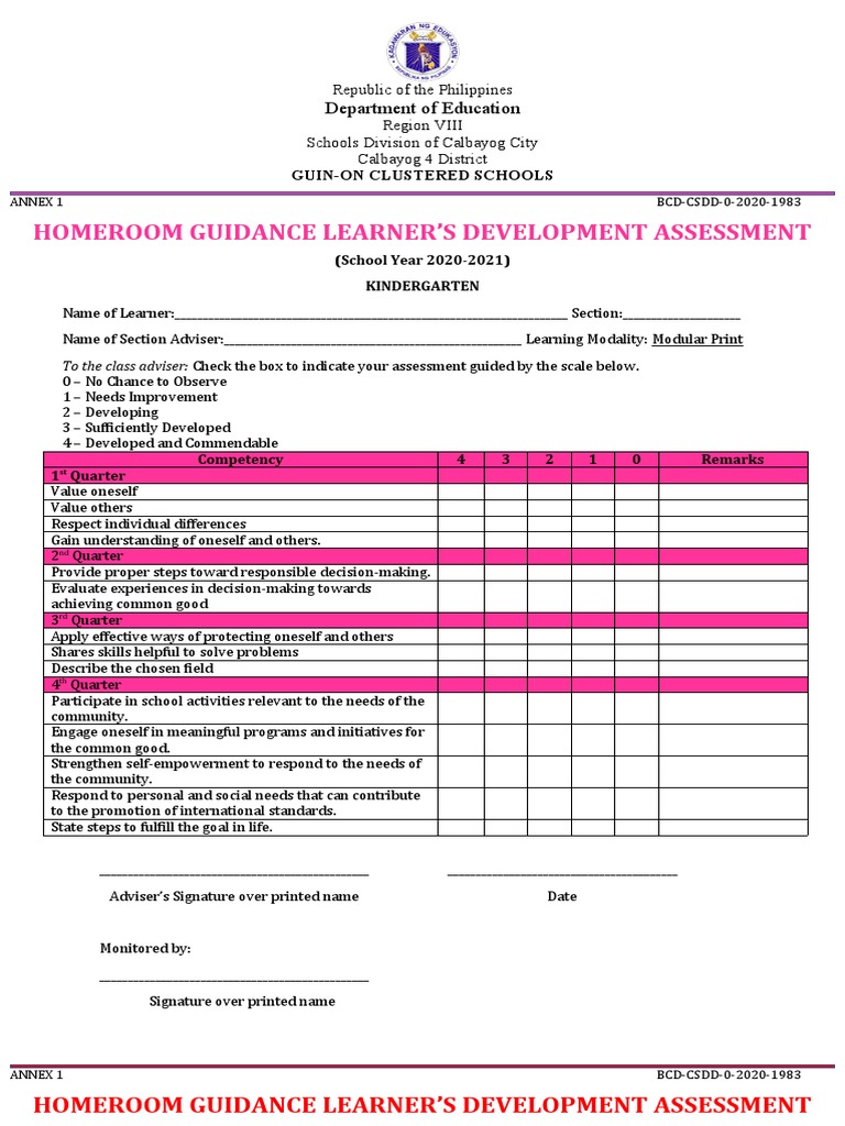 Homeroom Guidance Learner's Development Assessment | PDF | Learning ...