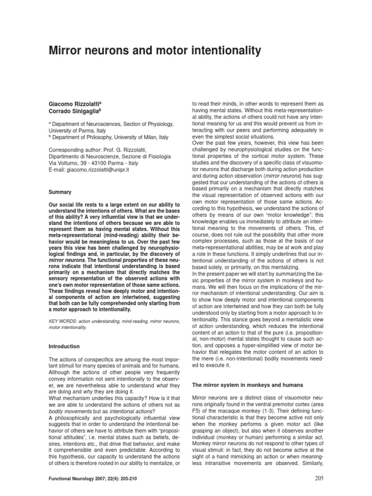 Mirror Neurons and Motor Intentionality: Giacomo Rizzolatti Corrado ...