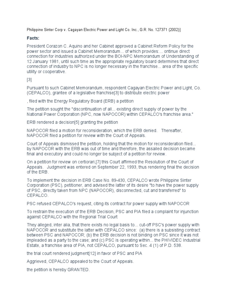 Philippine Sinter Corp v. CEPALCO Case Summary | PDF | Judgment (Law ...