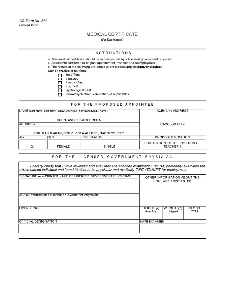 Medical Certificate CS Form No 211 Rev2018 | PDF | Physician | Health ...
