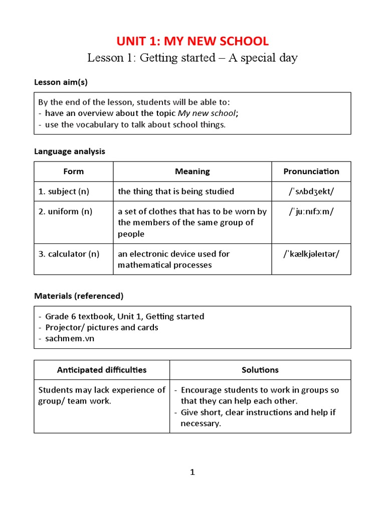 Unit 1: My New School: Lesson 1: Getting Started - A Special Day | PDF ...