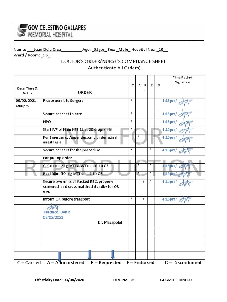 Doctors Order Nurses Compliance Sheet | PDF | Health Care | Health Sciences