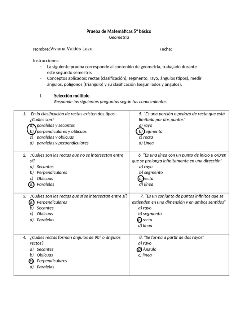Prueba de Matemáticas 5º Básico | PDF | Trigonometría | Ángulo