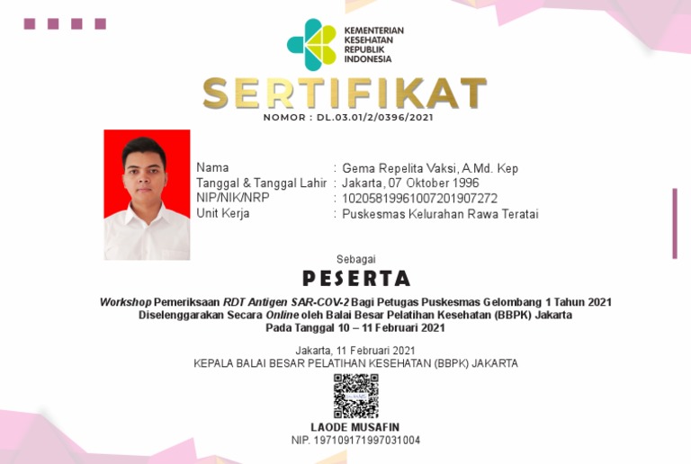 Sertifikat Gema Repelita Vaksi, A.md. Kep - Puskesmas Kelurahan Rawa ...