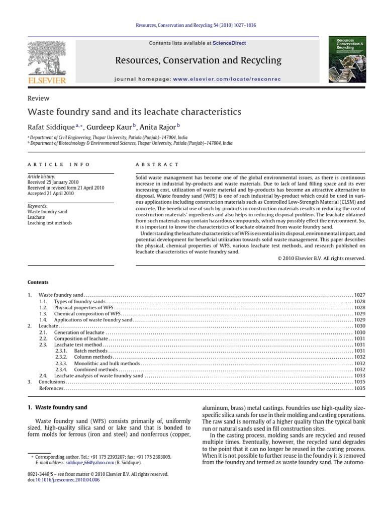 Waste Foundry Sand and Its Leachate Char | PDF | Foundry | Concrete