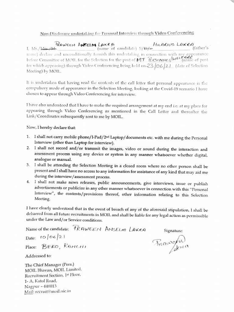 Non Disclosure Undertaking | PDF | Communication