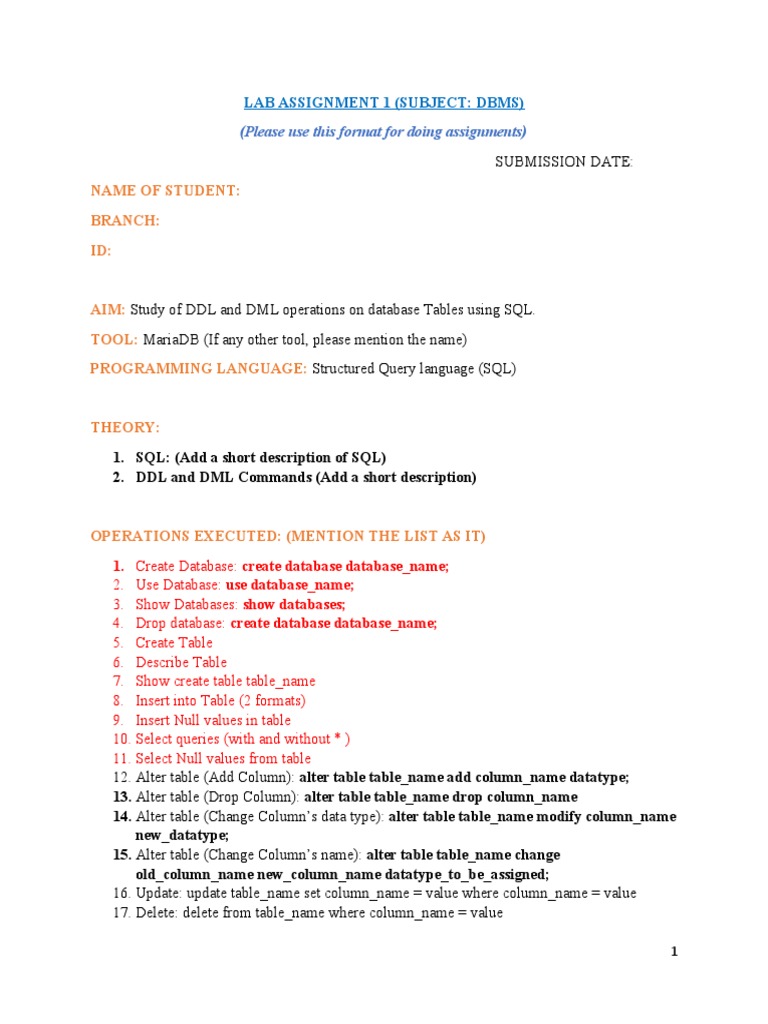 Assignment 1 Study of DDL and DML Operations On Tables. | PDF