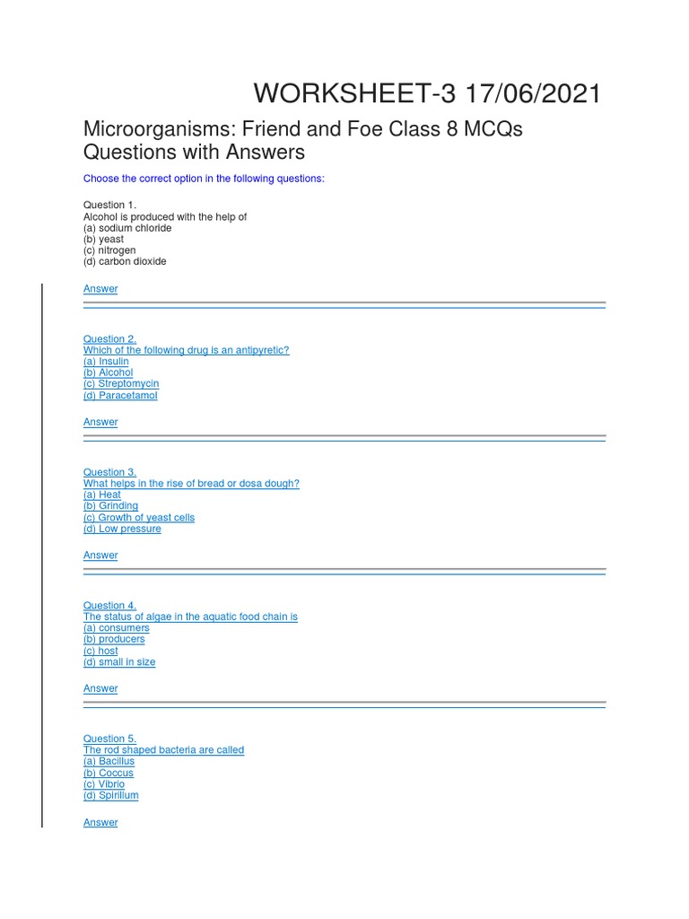 Worksheet-3 17/06/2021: Microorganisms: Friend and Foe Class 8 Mcqs ...