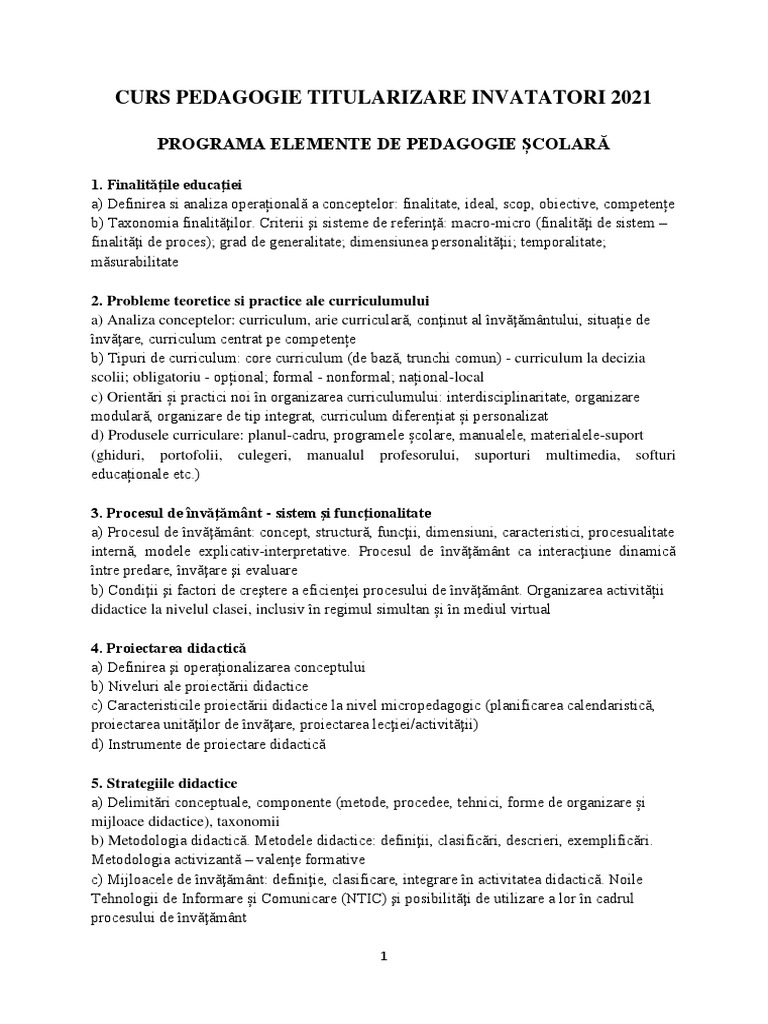 Curs Pedagogie Titularizare Invatatori 2021 | PDF