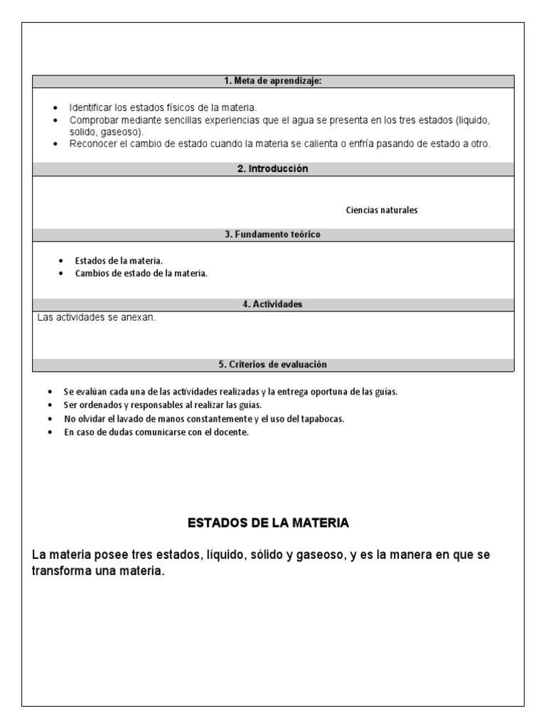 Grado 1° Guia Ciencias Naturales Estados de La Materia | PDF | Importar ...